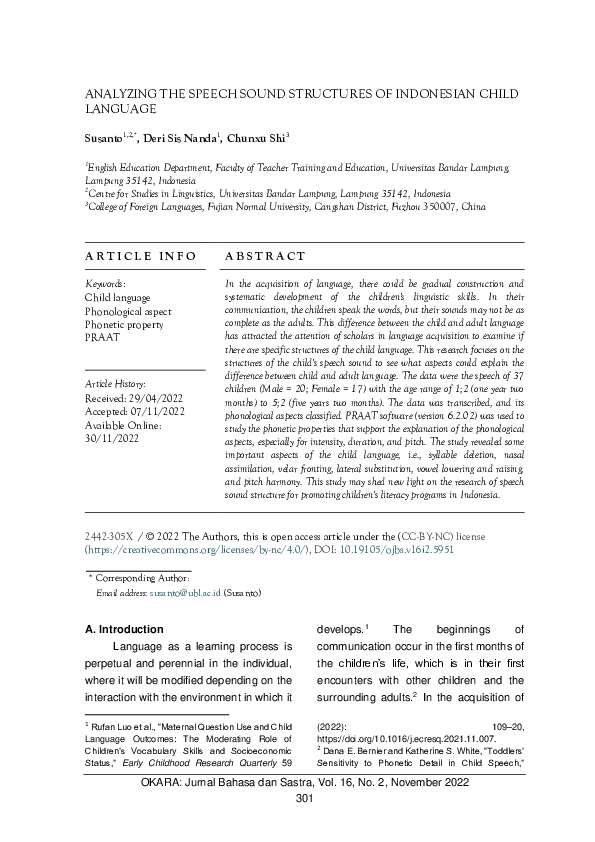 Pdf Analyzing The Speech Sound Structures Of Indonesian Child Language