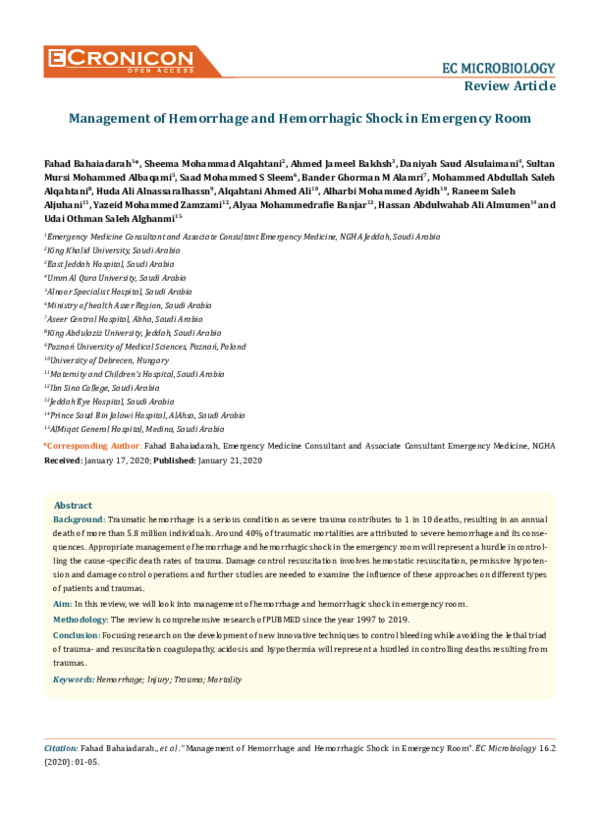 (PDF) Management of Hemorrhage and Hemorrhagic Shock in Emergency Room ...