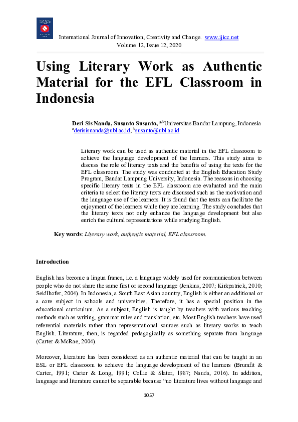 (PDF) Using Literary Work as Authentic Material for the EFL Classroom in Indonesia