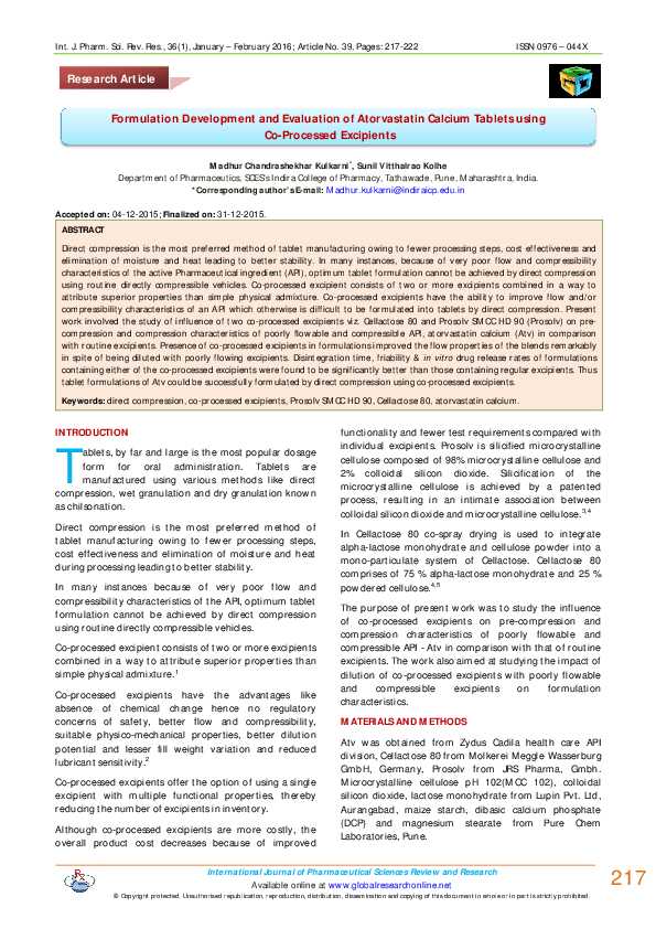 Pdf Formulation Development And Evaluation Of Atorvastatin Calcium Tablets Using Co Processed