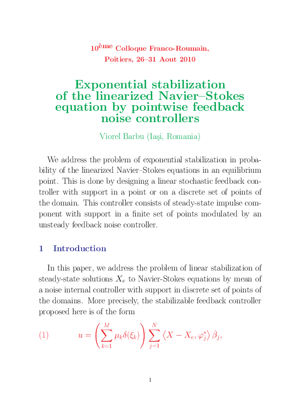(PDF) Exponential stabilization of the linearized Navier–Stokes ...