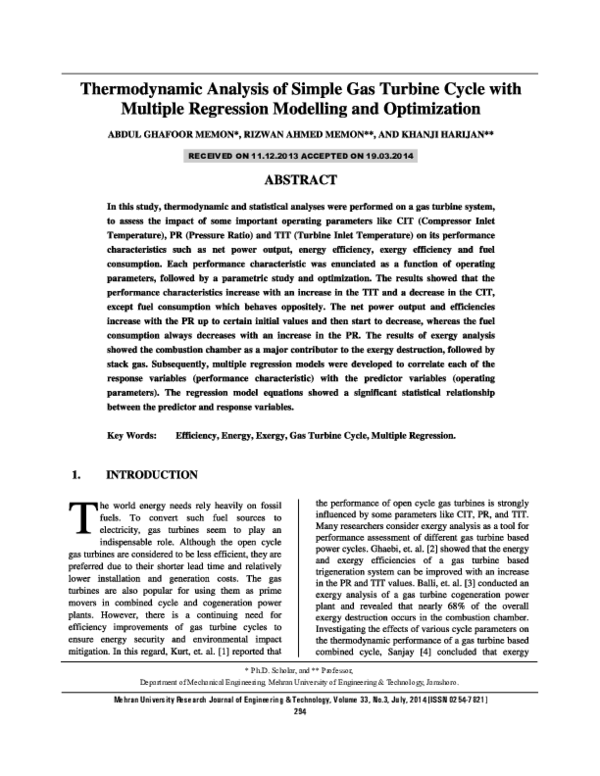 (PDF) Thermodynamic Analysis of Simple Gas Turbine Cycle with Multiple Regression Modelling and ...