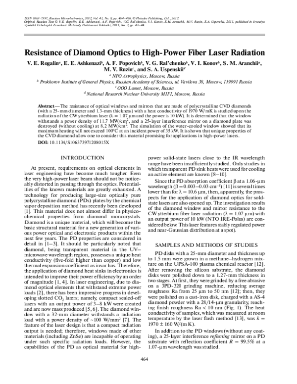 (PDF) Resistance of diamond optics to high-power fiber laser radiation
