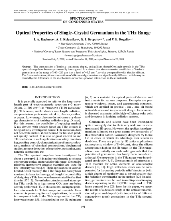 (PDF) Optical Properties of Single-Crystal Germanium in the THz Range