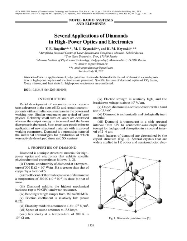 (PDF) Several Applications of Diamonds in High-Power Optics and Electronics