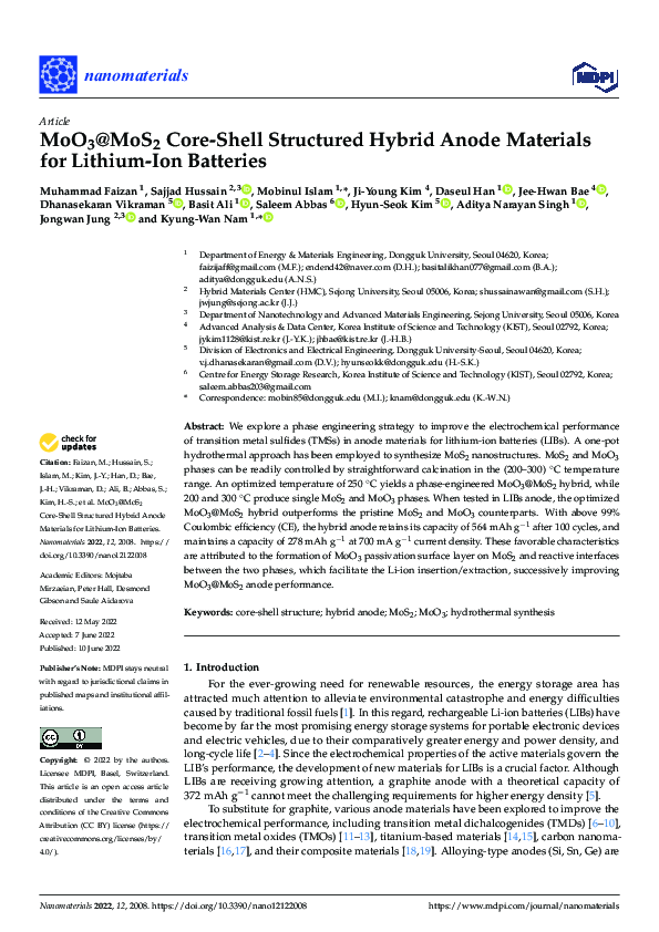 (PDF) MoO3@MoS2 Core-Shell Structured Hybrid Anode Materials for Lithium-Ion Batteries