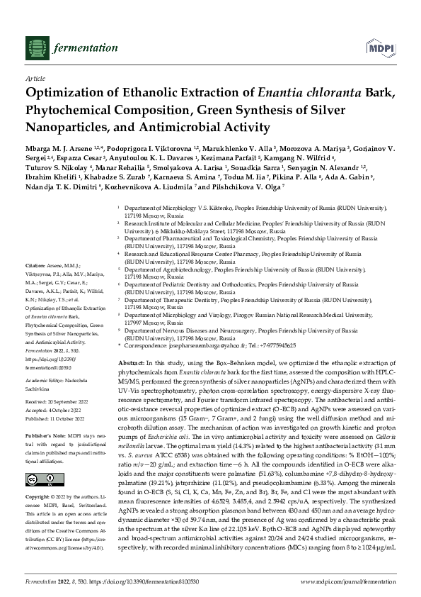 (PDF) Optimization of Ethanolic Extraction of Enantia chloranta Bark, Phytochemical Composition ...