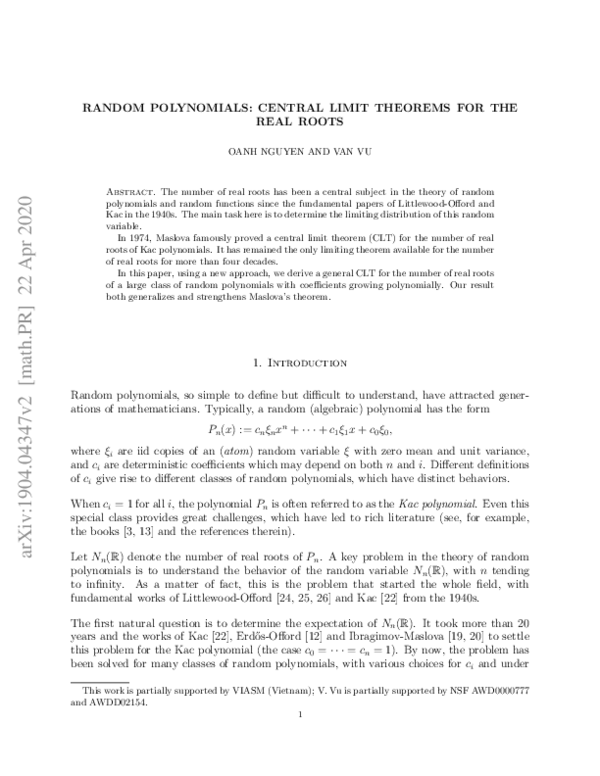 (PDF) Random polynomials: Central limit theorems for the real roots