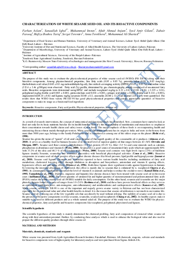 (PDF) Characterization of White Sesame Seed Oil and Its Bioactive Components