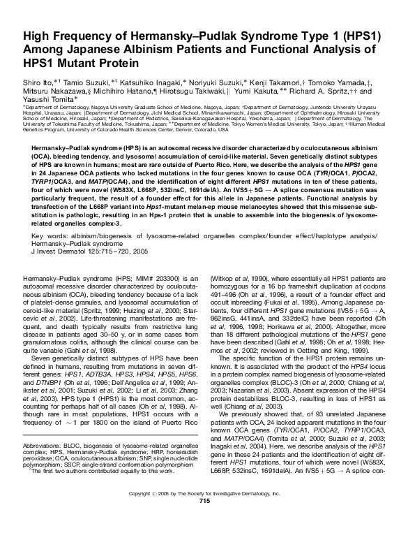 (PDF) High Frequency of Hermansky–Pudlak Syndrome Type 1 (HPS1) Among Japanese Albinism Patients ...