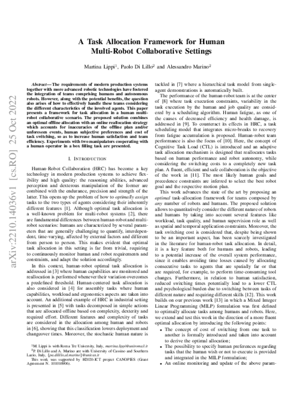 (PDF) A Task Allocation Framework for Human Multi-Robot Collaborative Settings | Paolo Di Lillo ...