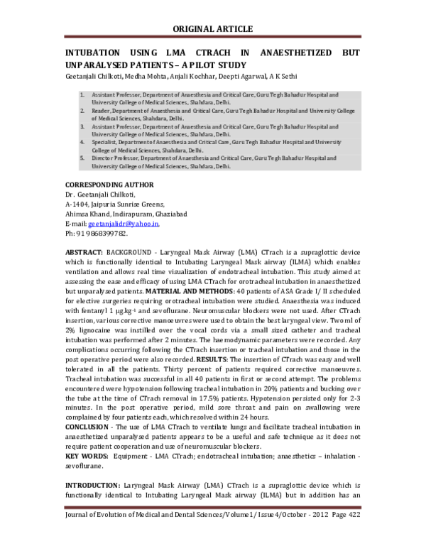 Intubation Using Lma Ctrach in Anaesthetized but Unparalysed Patients ...