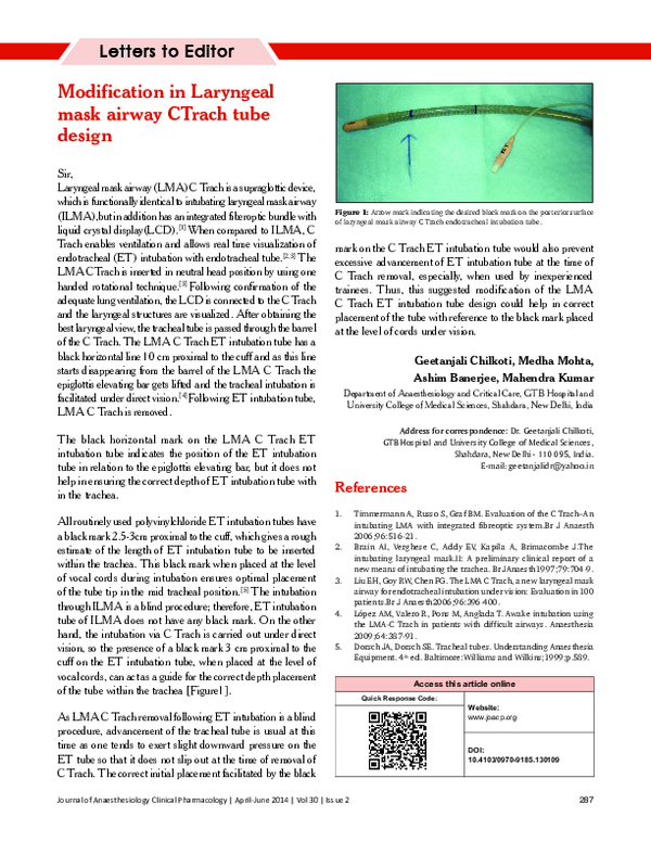 (PDF) Modification in Laryngeal mask airway CTrach tube design