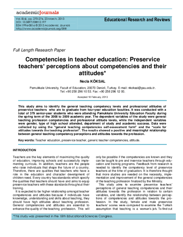 (PDF) Competencies in teacher education: Preservice teachers' perceptions about competencies and ...