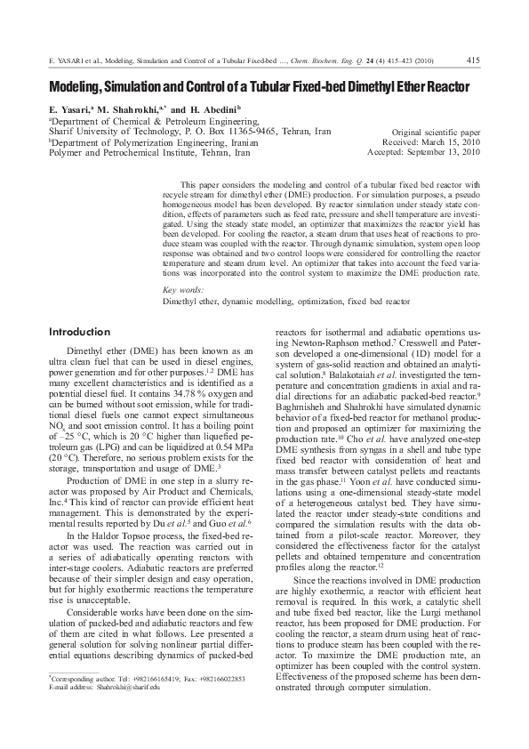 Pdf Modeling Simulation And Control Of A Tubular Fixed Bed Dimethyl Ether Reactor