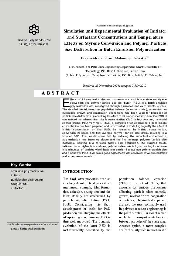 (PDF) Simulation and Experimental Evaluation of Initiator and Surfactant Concentrations and ...