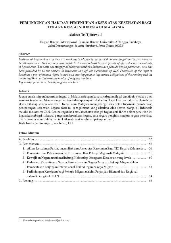 (PDF) Perlindungan Hak Dan Pemenuhan Akses Atas Kesehatan Bagi Tenaga Kerja Indonesia DI Luar Negeri