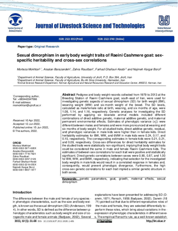 Pdf Sexual Dimorphism In Early Body Weight Traits Of Raeini Cashmere