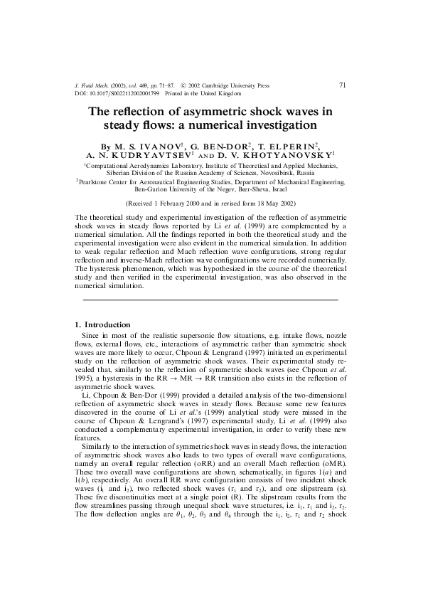 Pdf The Reflection Of Asymmetric Shock Waves In Steady Flows A