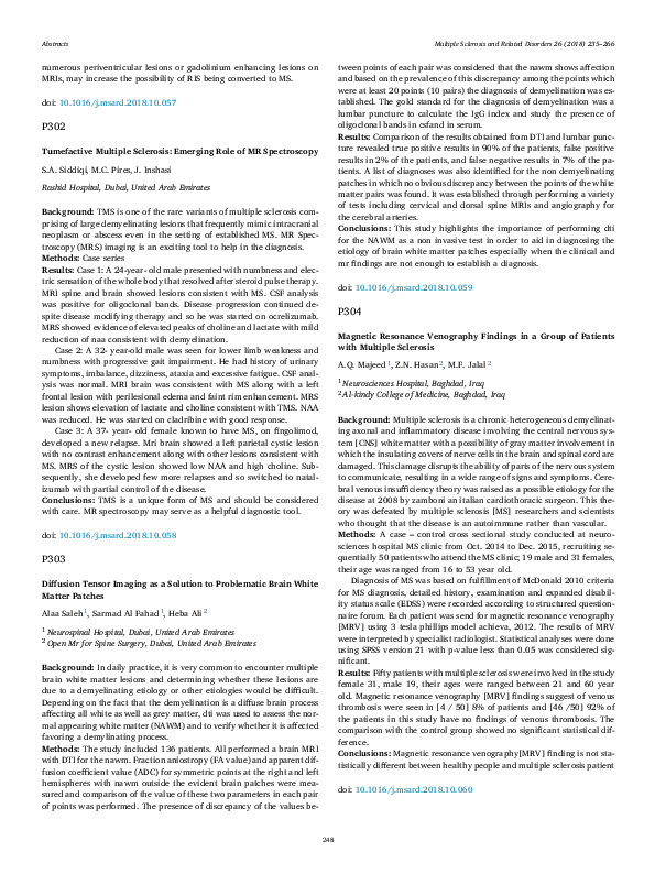 Pdf Tumefactive Multiple Sclerosis Emerging Role Of Mr Spectroscopy 2400
