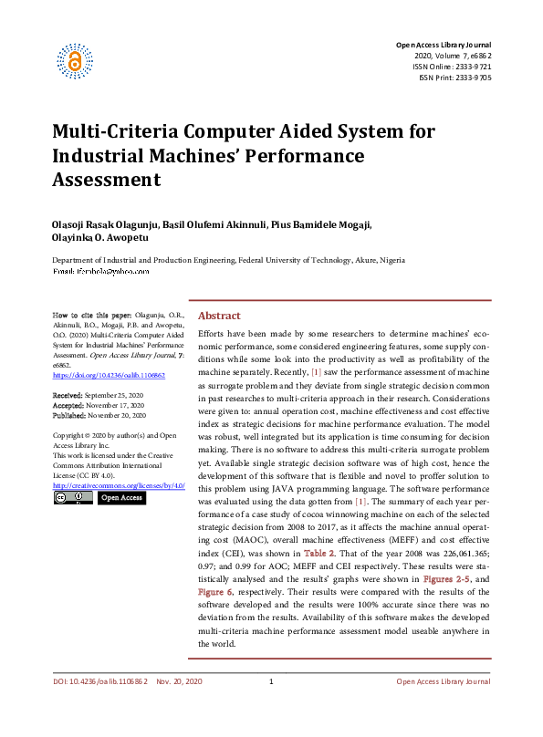 (PDF) Multi-Criteria Computer Aided System for Industrial Machines' Performance Assessment