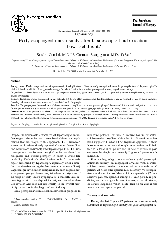(PDF) Early esophageal transit study after laparoscopic fundoplication ...