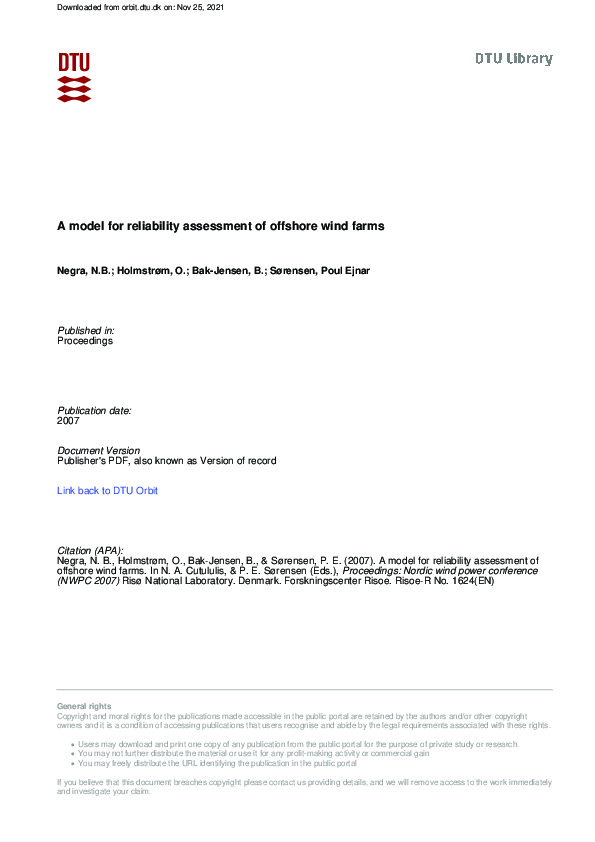 Pdf A Model For Reliability Assessment Of Offshore Wind Farms
