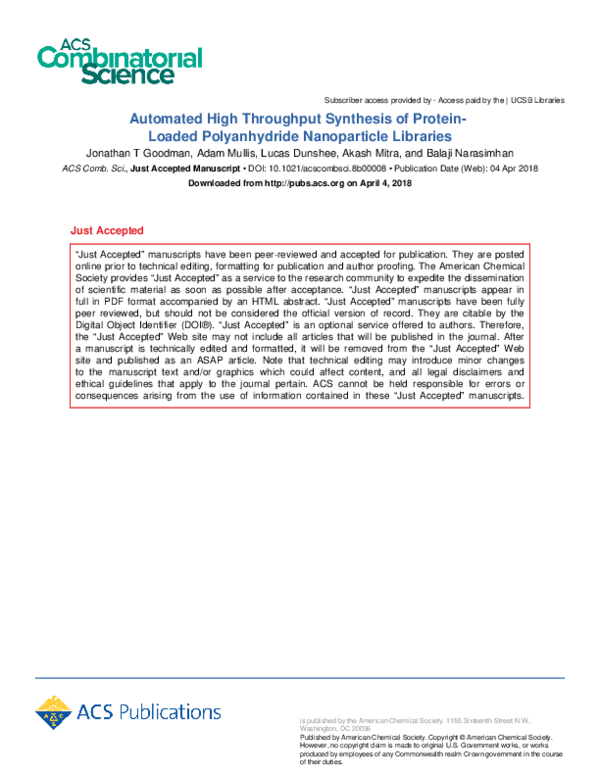 (PDF) Automated High-Throughput Synthesis of Protein-Loaded Polyanhydride Nanoparticle Libraries