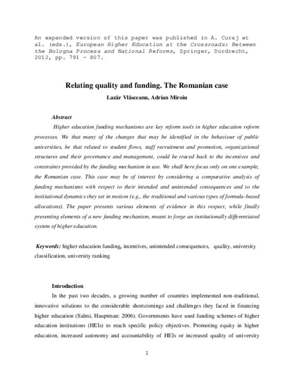 (PDF) Relating Quality and Funding: The Romanian Case