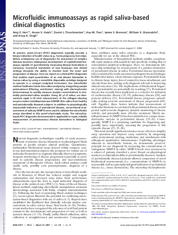 (PDF) Microfluidic immunoassays as rapid saliva-based clinical diagnostics