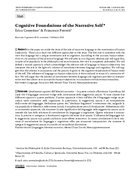 (PDF) Cognitive Foundations of the Narrative Self | francesco ferretti ...