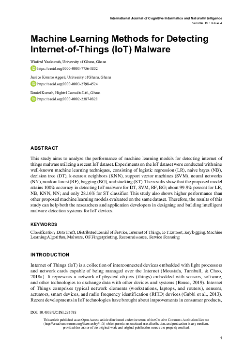 (PDF) Machine Learning Methods for Detecting Internet-of-Things (IoT) Malware