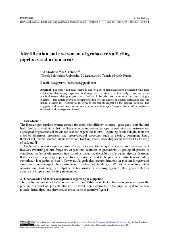 (PDF) Identification and assessment of geohazards affecting pipelines and urban areas