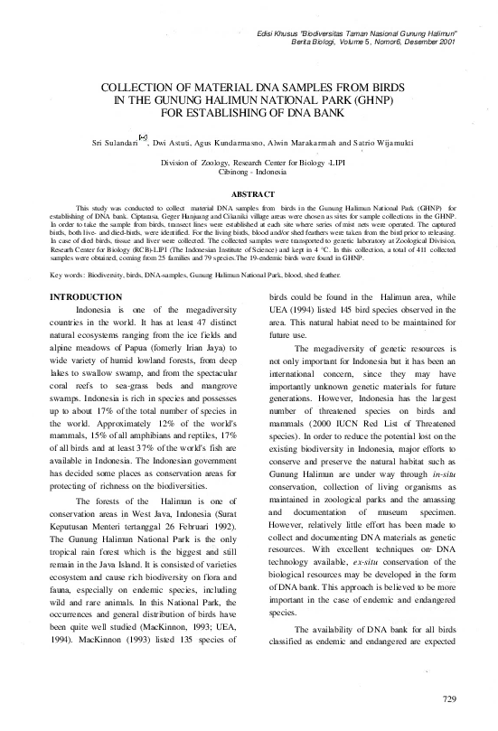 (PDF) Collection of Material Dna Samples from Birds in the Gunung ...