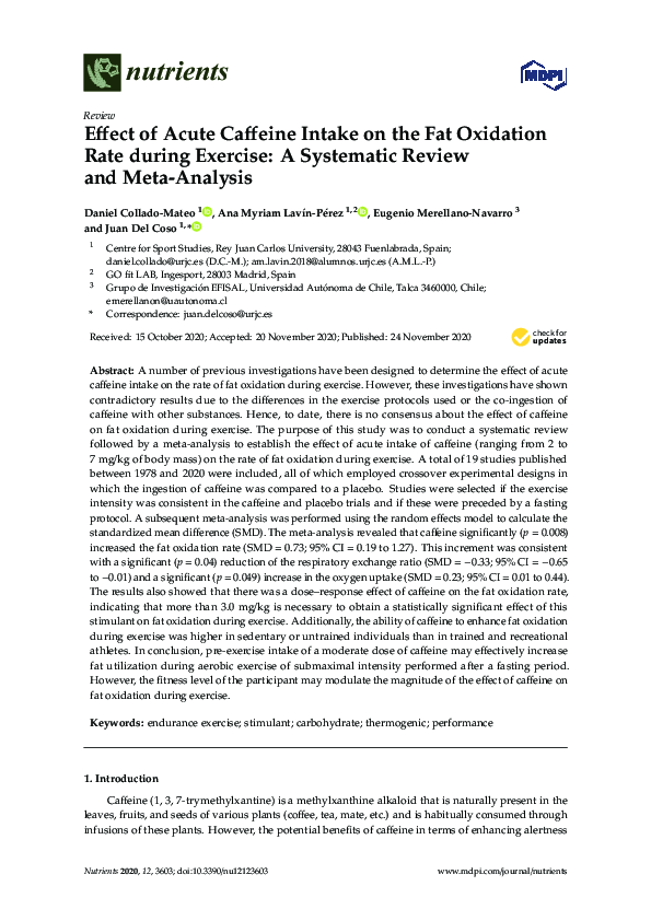 (PDF) Effect of Acute Caffeine Intake on the Fat Oxidation Rate during ...