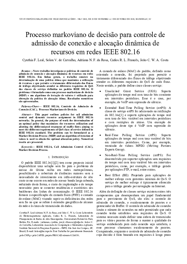 (PDF) Processo markoviano de decisão para controle de admissão de ...