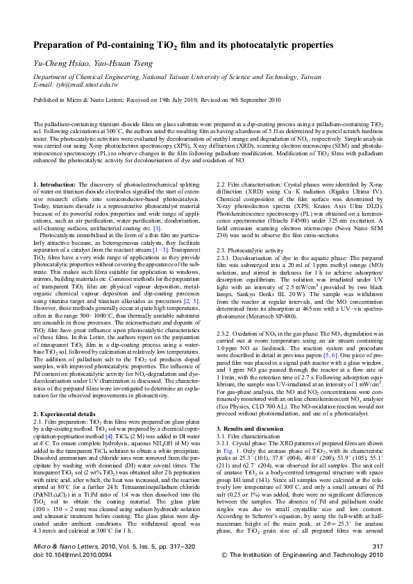 Pdf Preparation Of Pd Containing Tio2 Film And Its Photocatalytic Properties