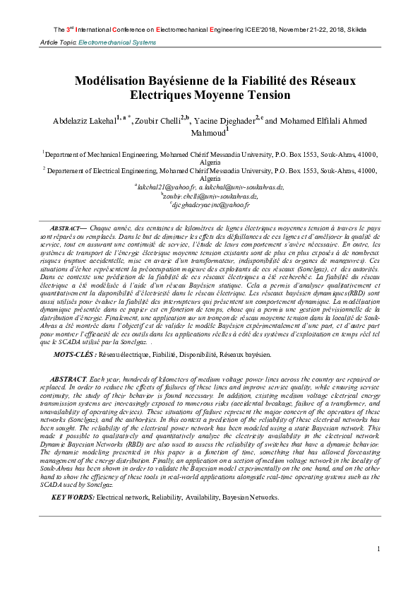 (PDF) Modélisation Bayésienne de la Fiabilité des Réseaux Electriques Moyenne Tension