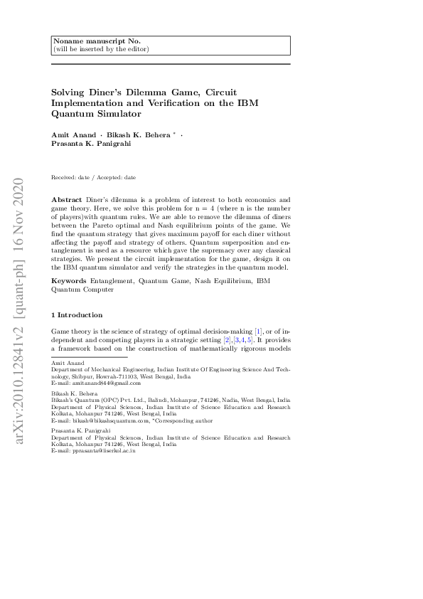 (PDF) Solving diner’s dilemma game, circuit implementation and ...