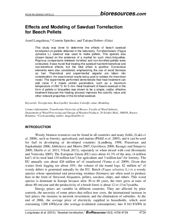 (PDF) Effects and Modeling of Sawdust Torrefaction for Beech Pellets