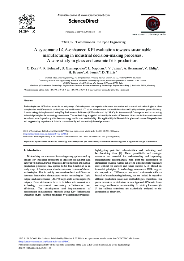 (PDF) A Systematic LCA-enhanced KPI Evaluation towards Sustainable Manufacturing in Industrial ...