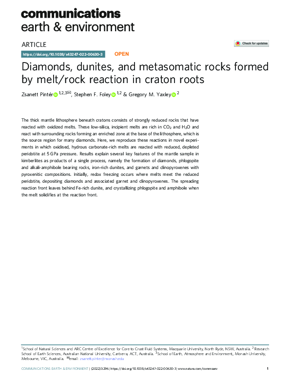 (PDF) Diamonds, dunites, and metasomatic rocks formed by melt/rock ...