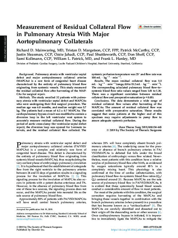 (PDF) Measurement of Residual Collateral Flow in Pulmonary Atresia With ...