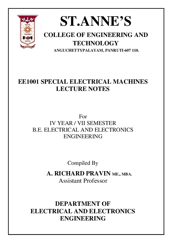 (PDF) EE1001 Special Electrical Machines (All Units)