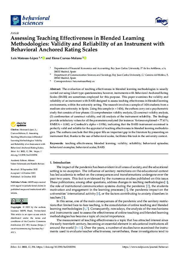 (PDF) Assessing Teaching Effectiveness in Blended Learning Methodologies: Validity and ...