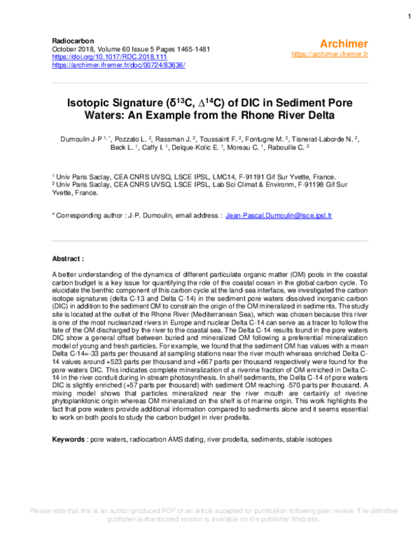 (PDF) Isotopic Signature (δ13C, ∆14C) of DIC in Sediment Pore Waters ...