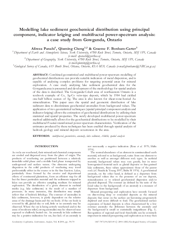 (PDF) Modelling lake sediment geochemical distribution using principal component, indicator ...