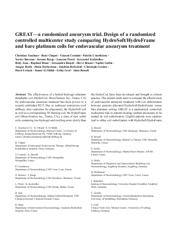 (PDF) GREAT—a randomized aneurysm trial. Design of a randomized controlled multicenter study ...