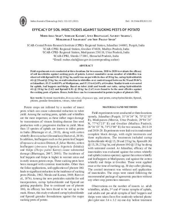 (PDF) Efficacy of Soil Insecticides Against Sucking Pests of Potato