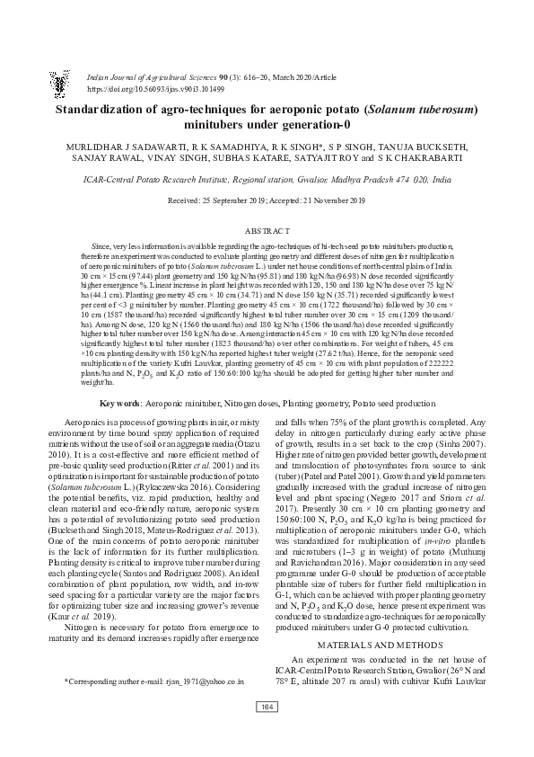 (PDF) Standardization of agro-techniques for aeroponic potato (Solanum ...